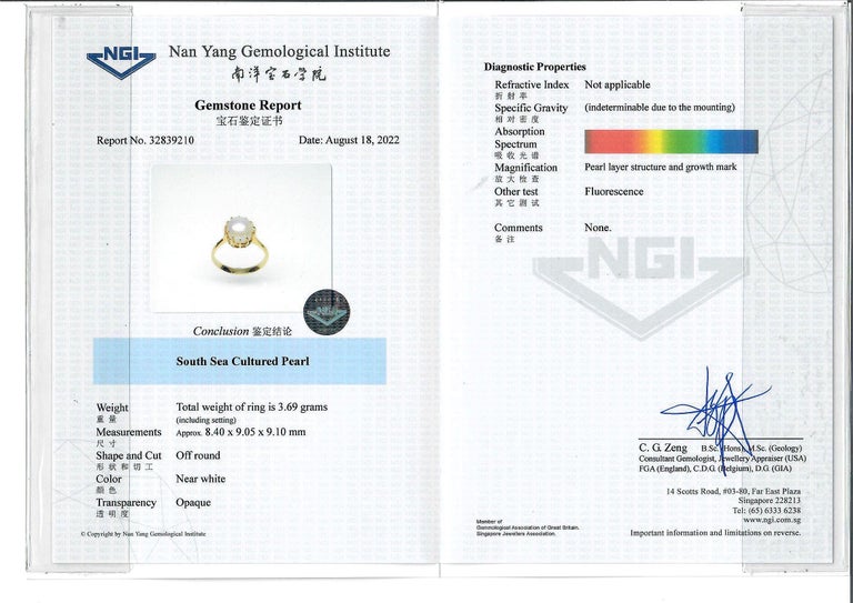 Beautiful 20k Yellow Gold with Pearl Ring, NGI Certificate For Sale at ...