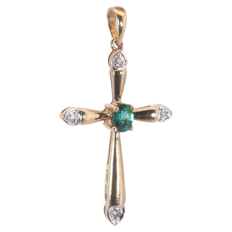 Beautiful 9k Yellow Gold Cross Pendant w/ 0.182 ct Natural Emerald and ...