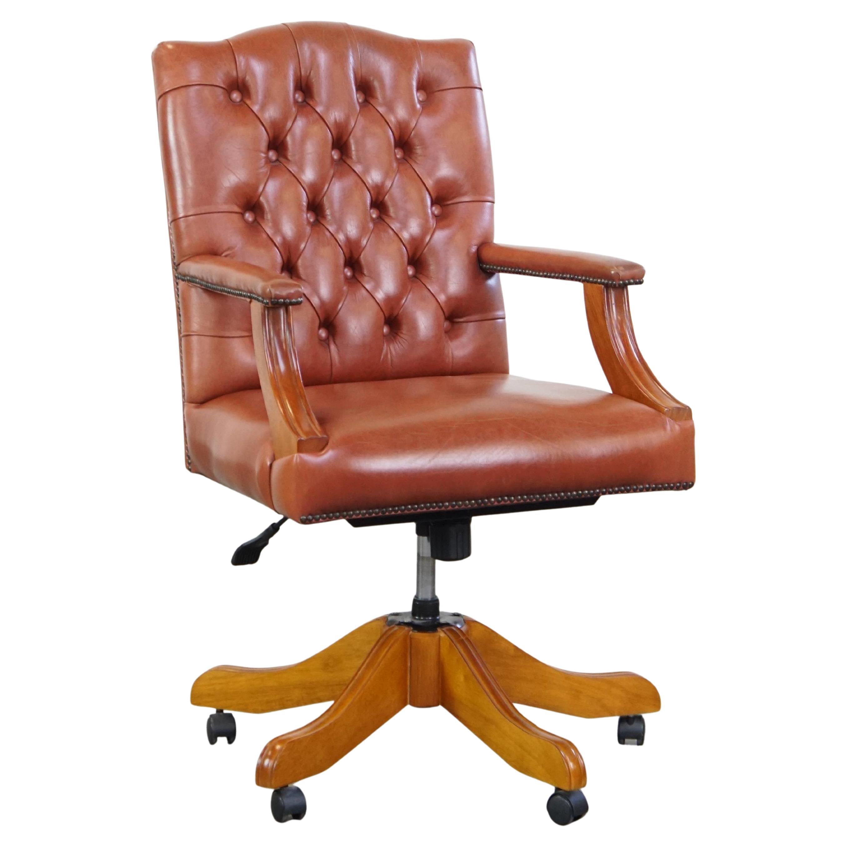 Height-adjustable dark blue leather Chesterfield swivel and tilt office ...