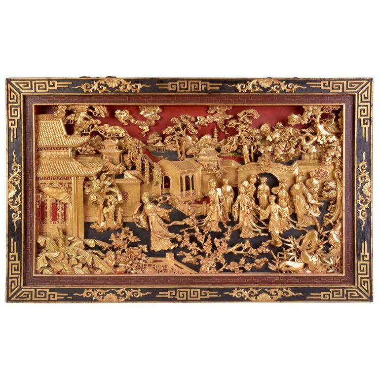 Beautiful antique Chinese Gold Gilt Hand Carved Wooden Wall Panel at ...