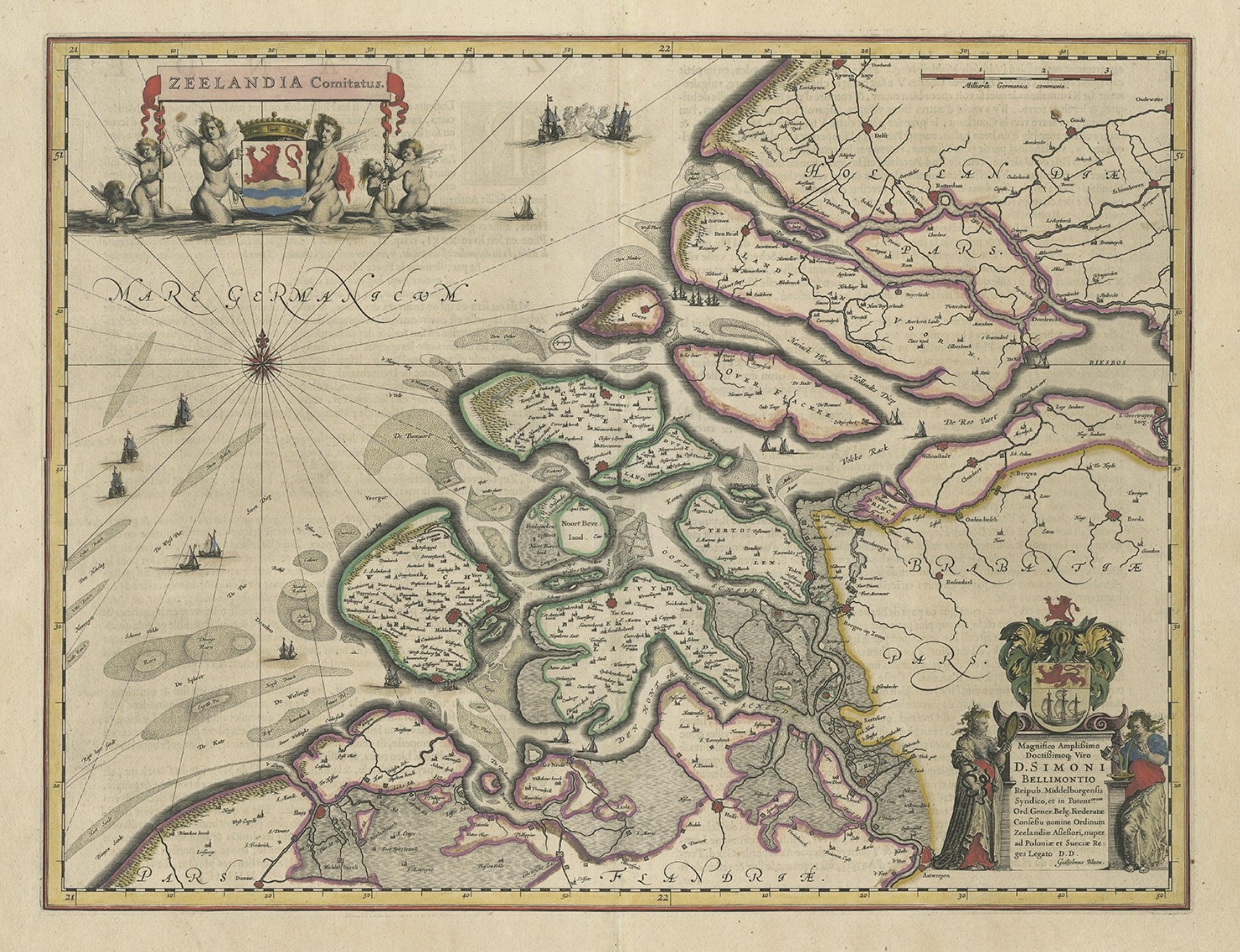 Beautiful Antique Map of Zeeland, a Province of the Netherlands, 1638 ...