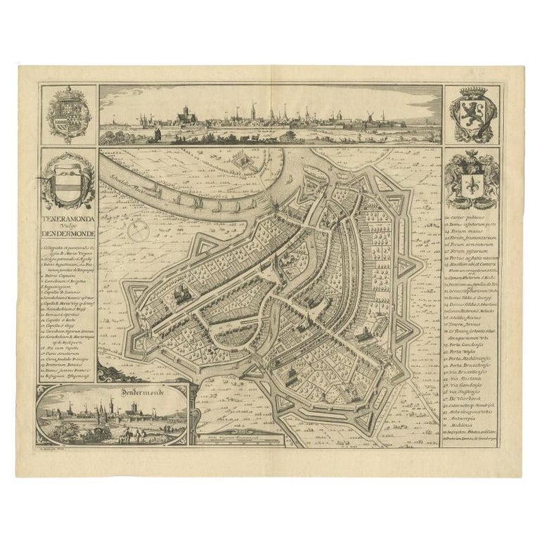 Beautiful Antique Map with Views of Dendermonde, Belgium, 1735 For Sale ...