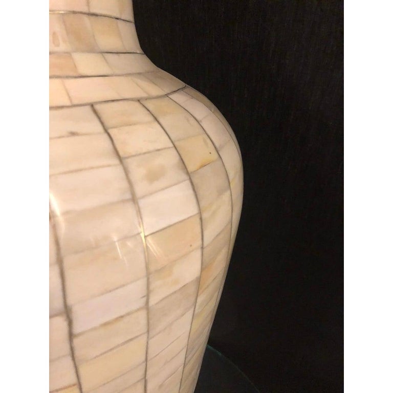 Mid-Century Off-White Mosaic Natural Bone with Brass Inlay Urn or Vase ...