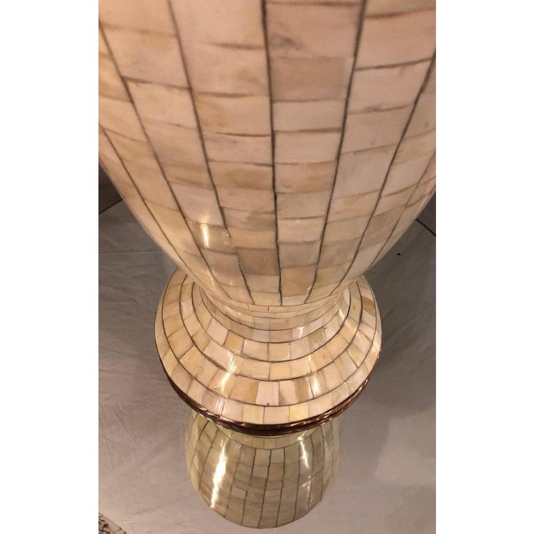 Mid-Century Off-White Mosaic Natural Bone with Brass Inlay Urn or Vase ...