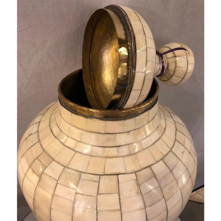 Mid-Century Off-White Mosaic Natural Bone with Brass Inlay Urn or Vase ...