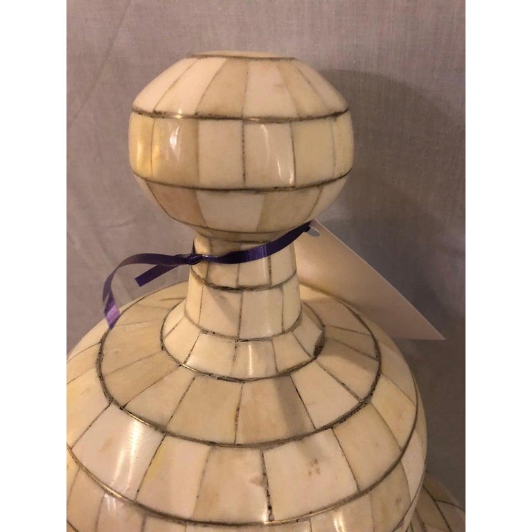 Mid-Century Off-White Mosaic Natural Bone with Brass Inlay Urn or Vase ...
