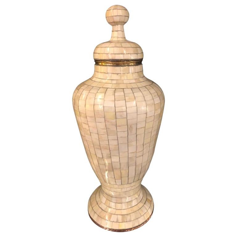 Mid-Century Off-White Mosaic Natural Bone with Brass Inlay Urn or Vase ...