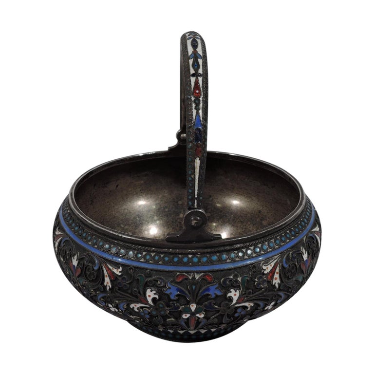 Beautiful Antique Russian Silver and Enamel Basket For Sale at 1stDibs