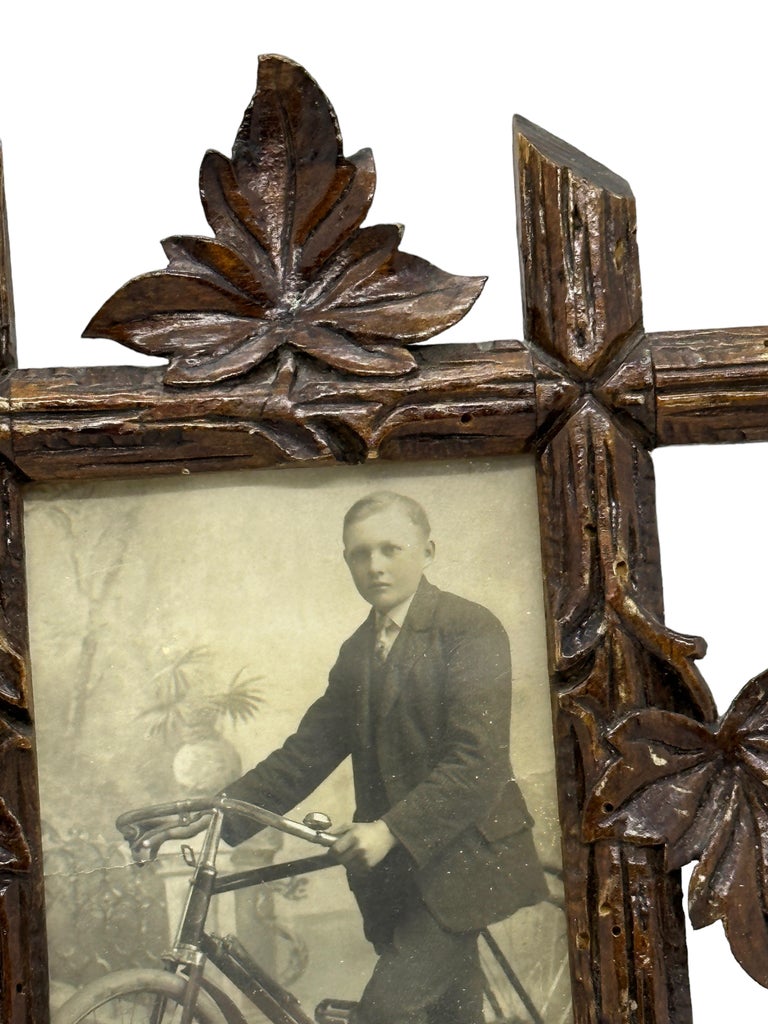 Beautiful Black Forest Frame Antique Folk Art with Cyclist Picture ...