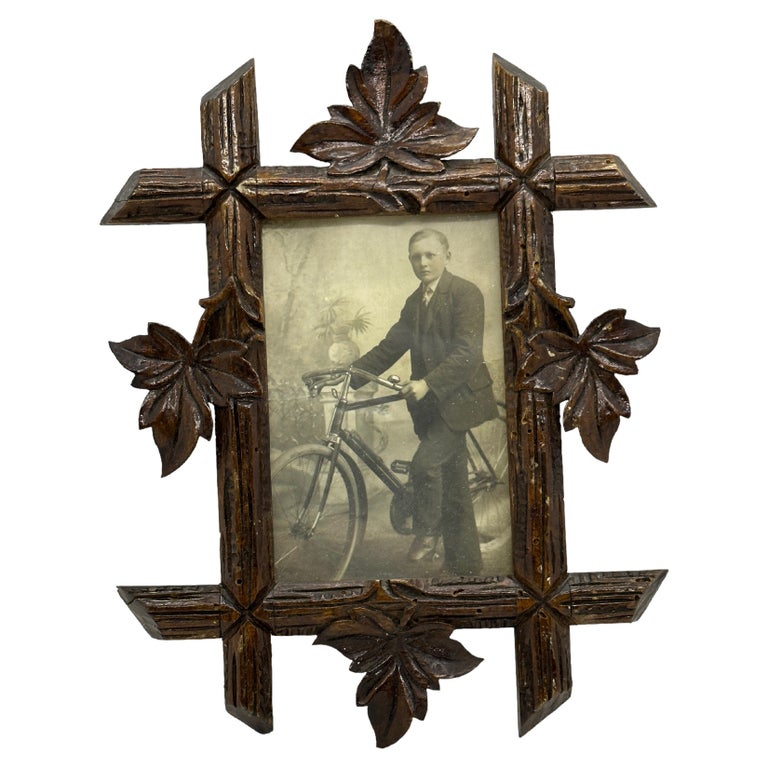 Beautiful Black Forest Frame Antique Folk Art with Cyclist Picture ...