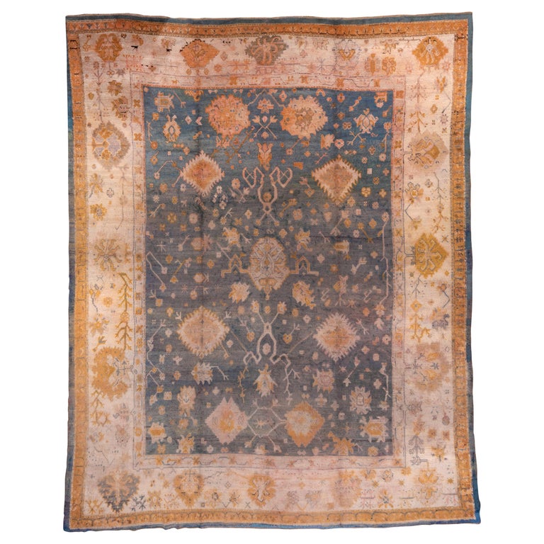 Beautiful Blue Antique Turkish Oushak Carpet For Sale at 1stDibs