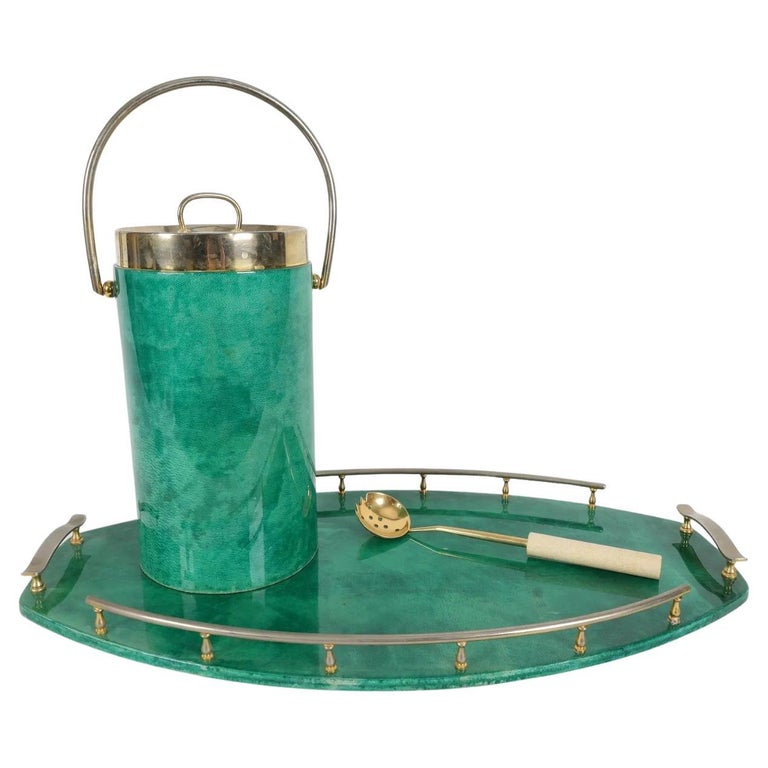 Beautiful Emerald Green Lacquered Goatskin Barware Set by Aldo Tura For ...