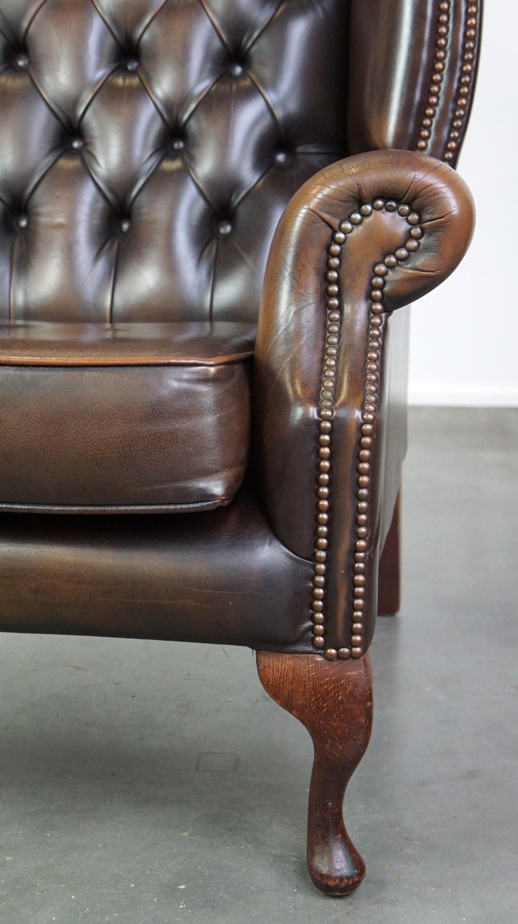 Beautiful English dark brown leather Chesterfield wingback armchair ...