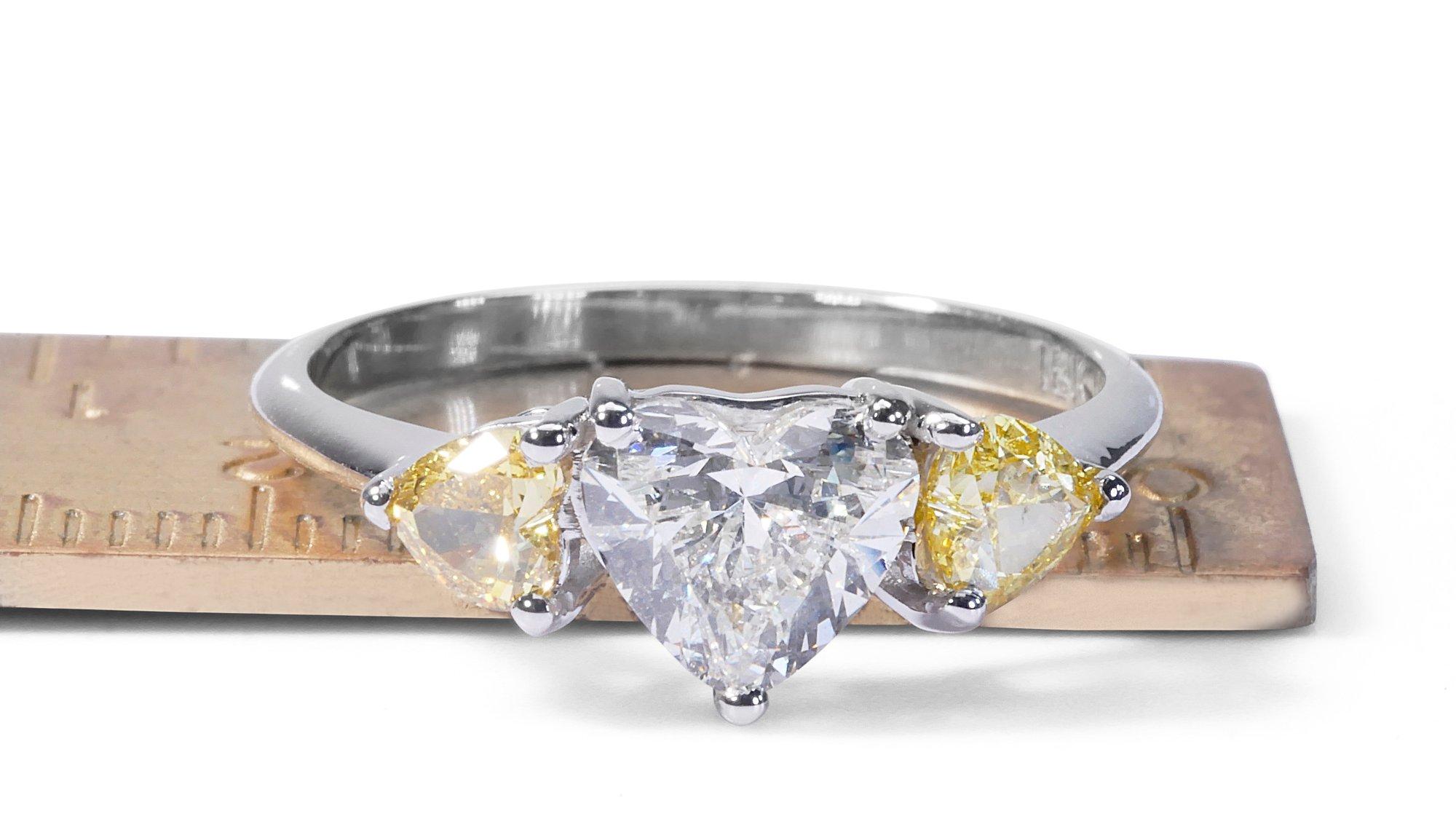 Beautiful Fancy Color Heart Three Stone Ring with 1.55 Natural Diamonds ...