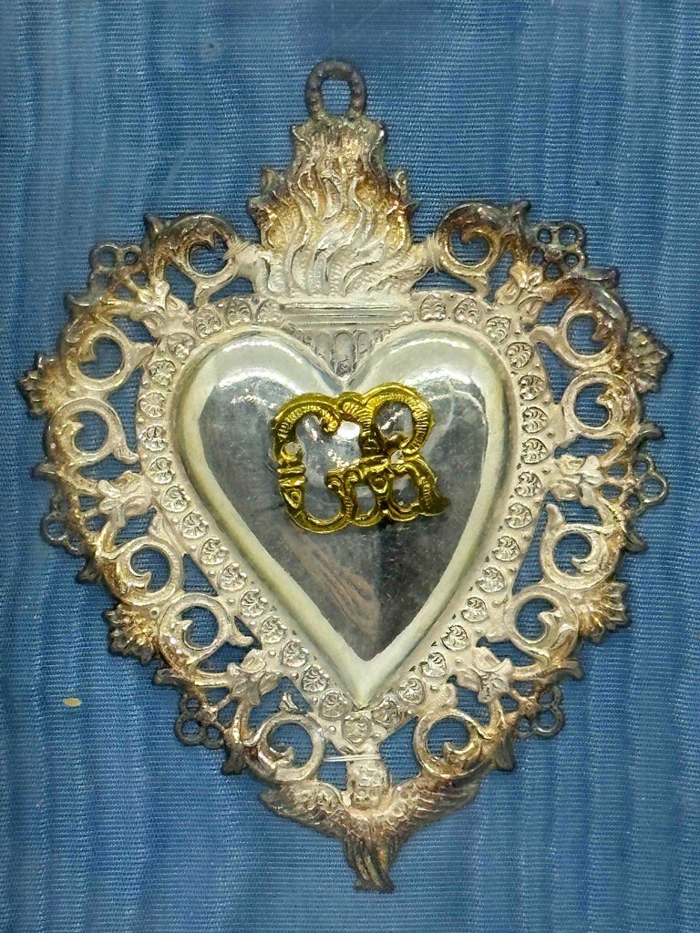 Beautiful Framed Silver Sacred Heart Ex Voto Monogramed, Antique ...