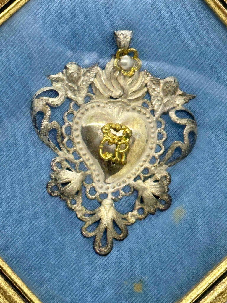 Beautiful Framed Silver Sacred Heart Ex Voto Monogramed, Antique ...