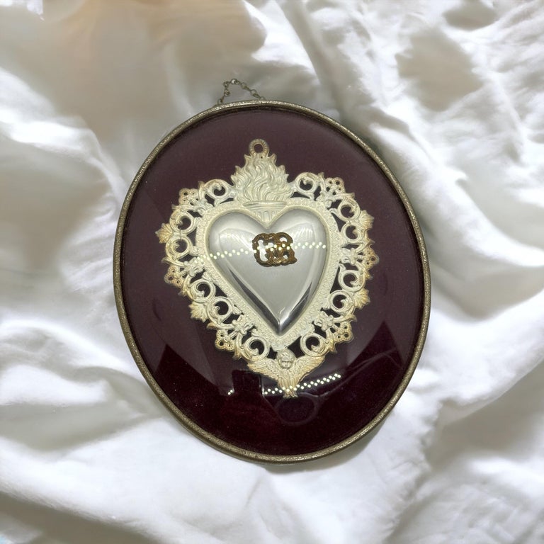 Beautiful Framed Silver Sacred Heart Ex Voto Monogramed, Antique ...
