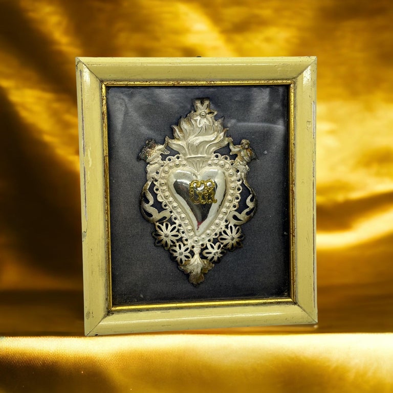 Beautiful Framed Silver Sacred Heart Ex Voto Monogramed, Antique ...