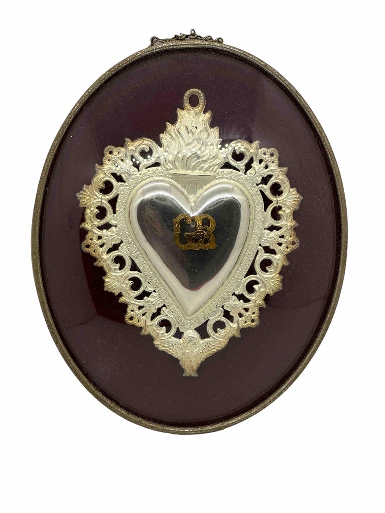 Beautiful Framed Silver Sacred Heart Ex Voto Monogramed, Antique ...