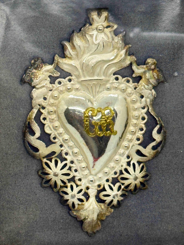 Beautiful Framed Silver Sacred Heart Ex Voto Monogramed, Antique ...