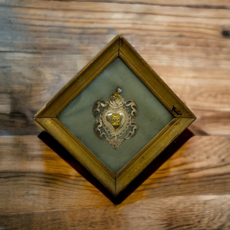 Beautiful Framed Silver Sacred Heart Ex Voto Monogramed, Antique ...