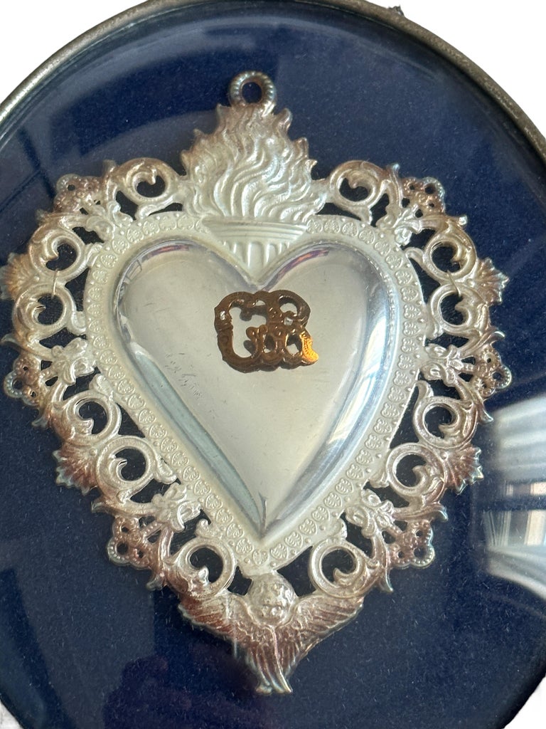Beautiful Framed Silver Sacred Heart Ex Voto Monogramed, Antique ...