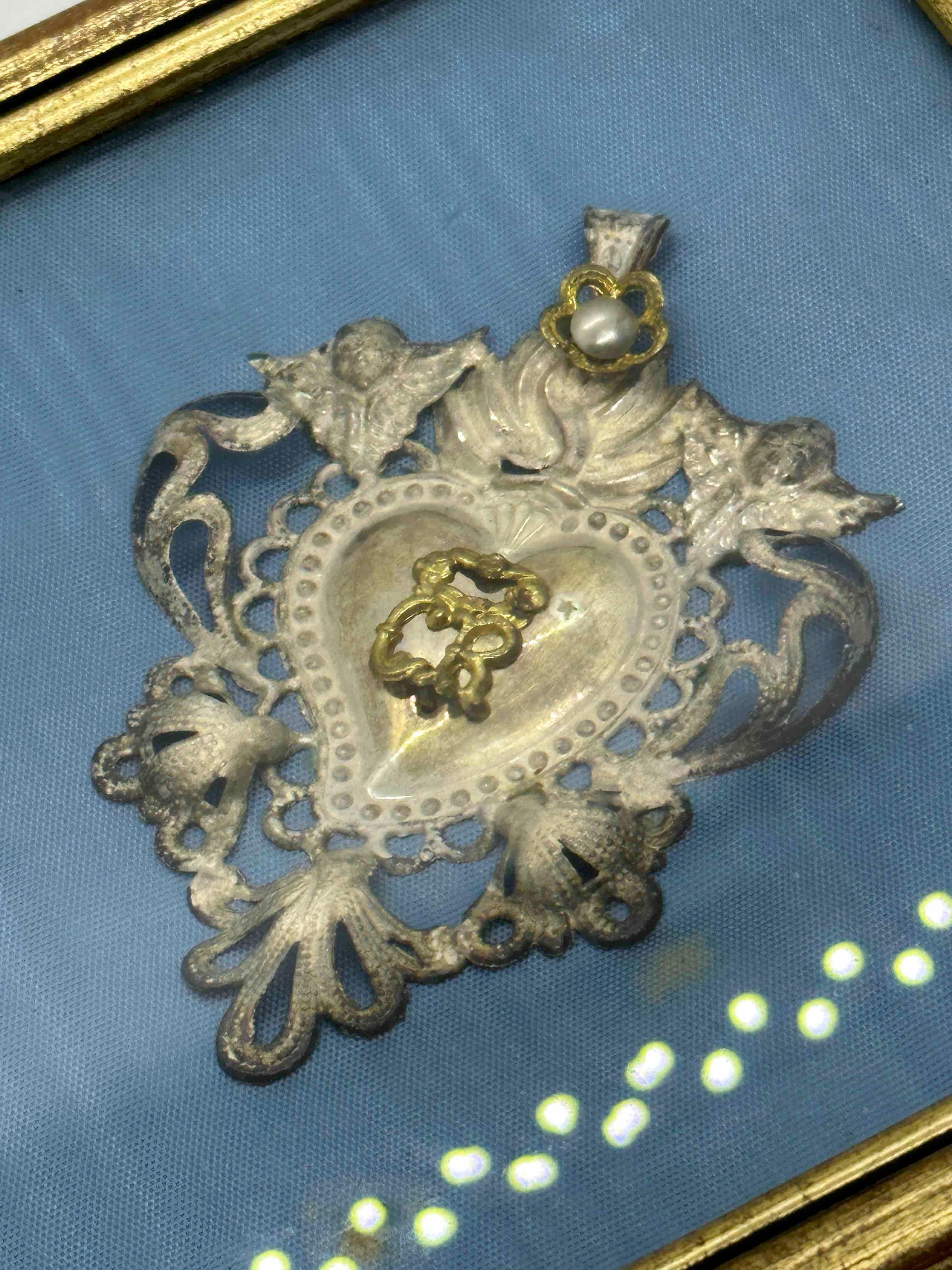 Beautiful Framed Silver Sacred Heart Ex Voto Monogramed, Antique ...