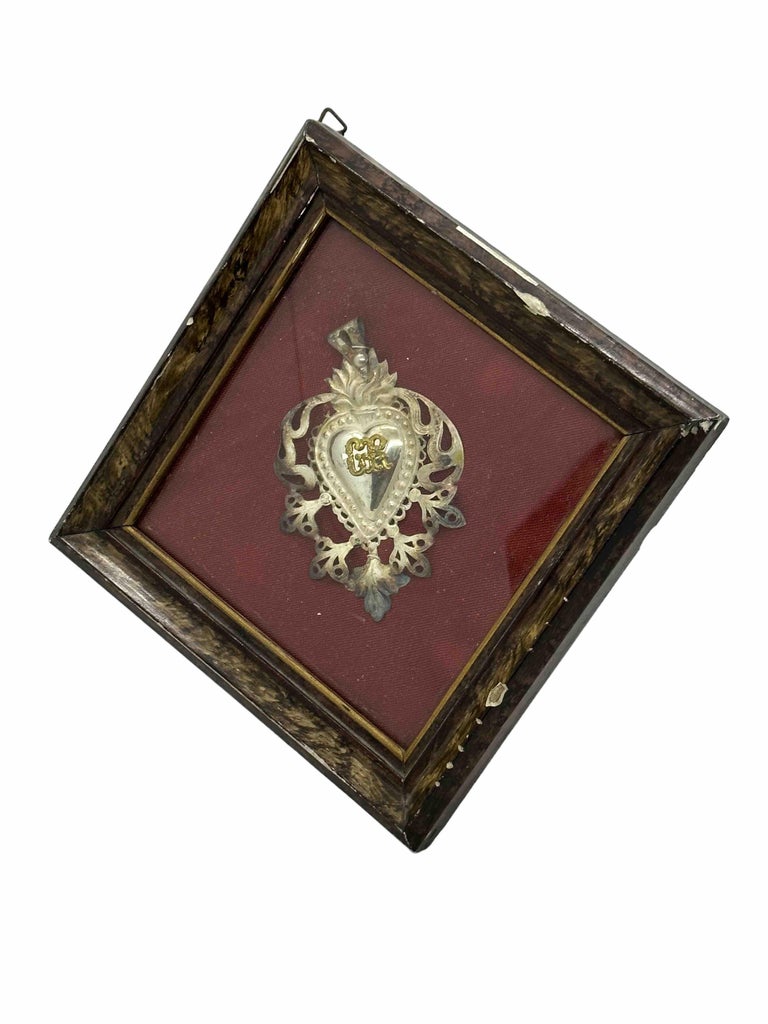 Beautiful Framed Silver Sacred Heart Ex Voto Monogramed, Antique ...