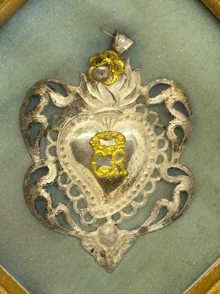 Beautiful Framed Silver Sacred Heart Ex Voto Monogramed, Antique ...
