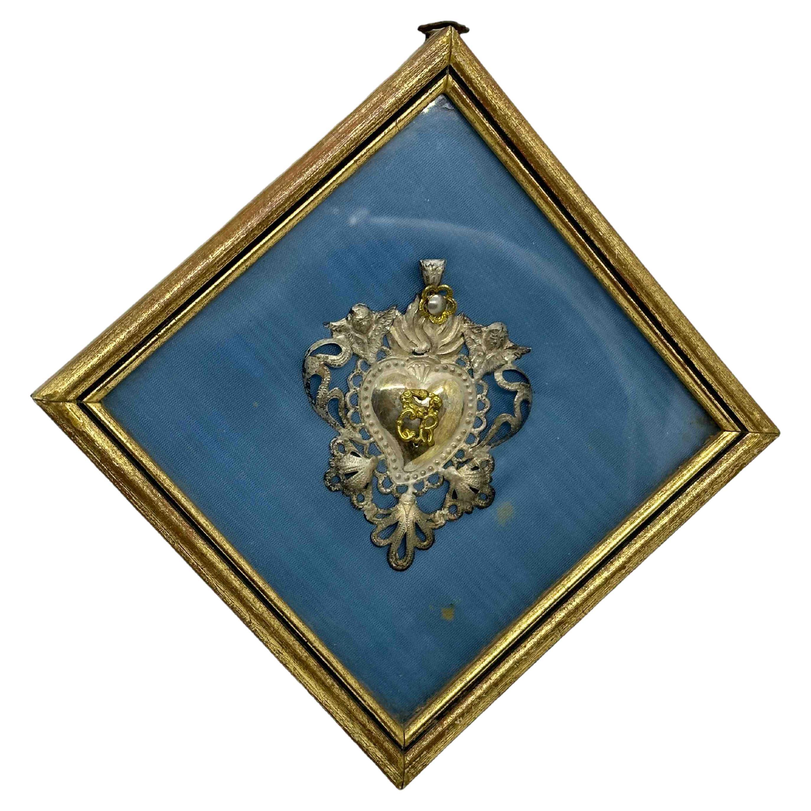 Beautiful Framed Silver Sacred Heart Ex Voto Monogramed, Antique ...
