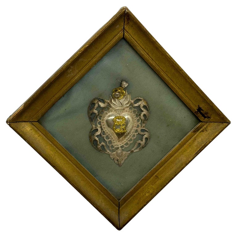 Beautiful Framed Silver Sacred Heart Ex Voto Monogramed, Antique ...