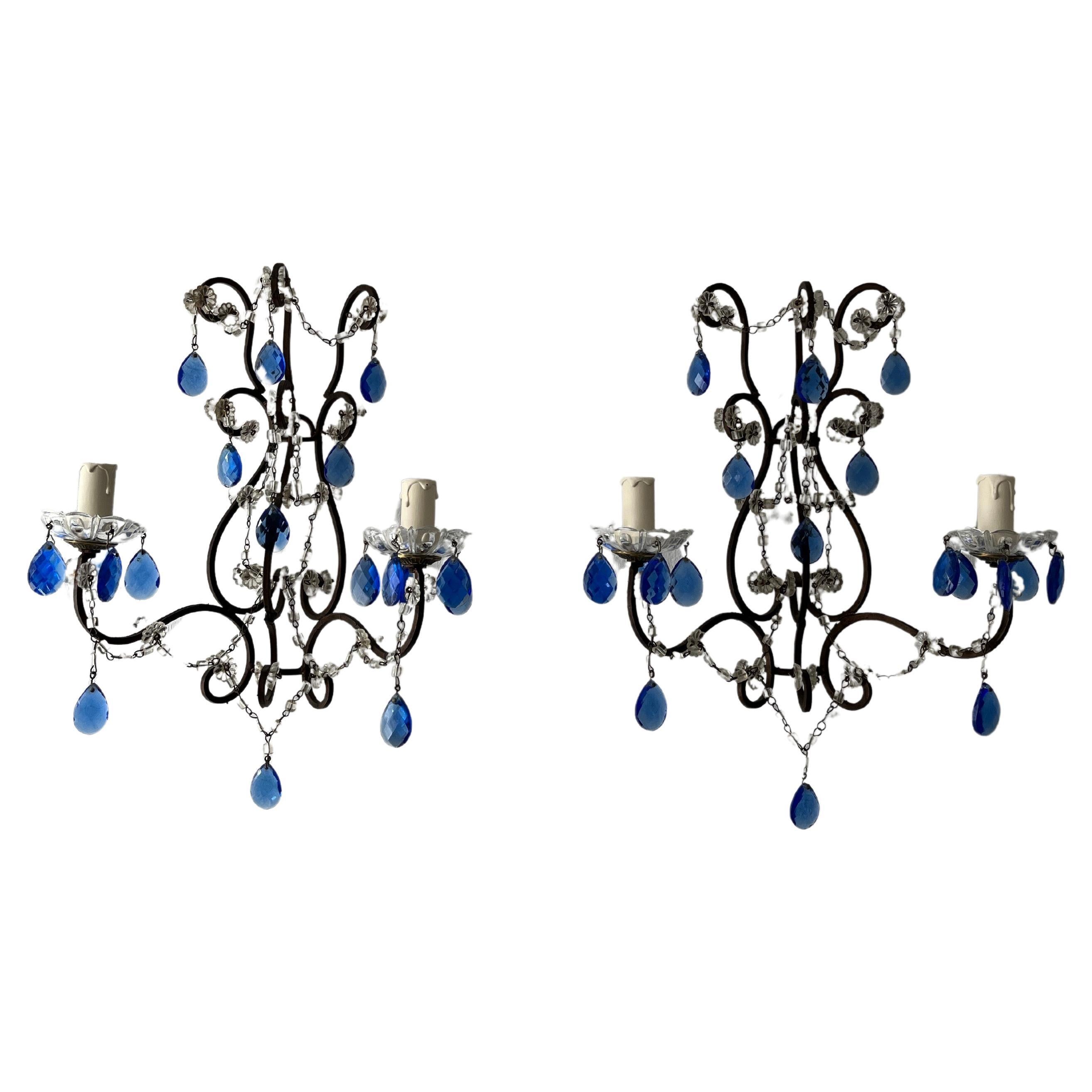 Beautiful French Cobalt Blue Prisms Macaroni Bead Swags Sconces c1920 ...
