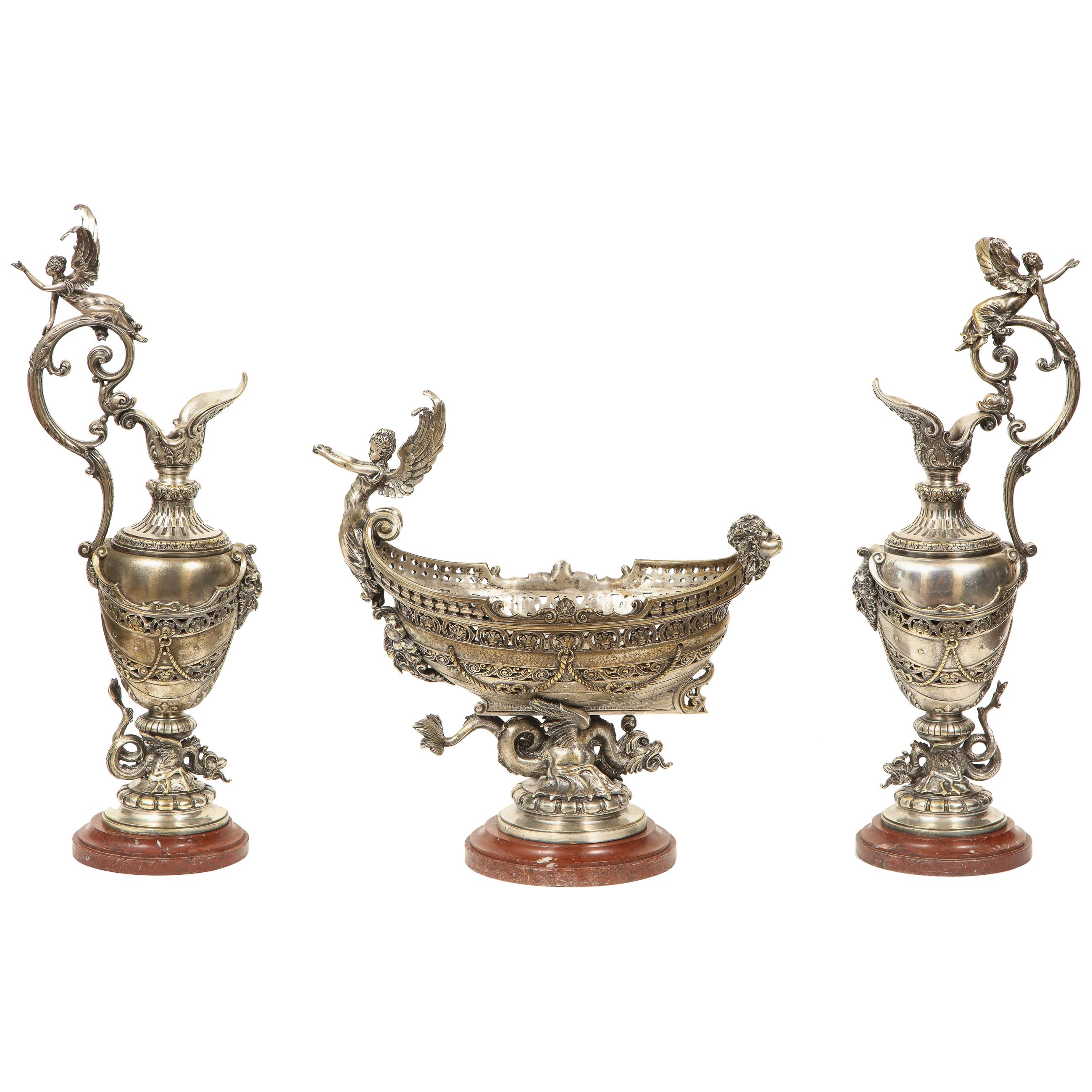 Beautiful French Three-Piece Silvered Bronze Table Garniture, 19th ...
