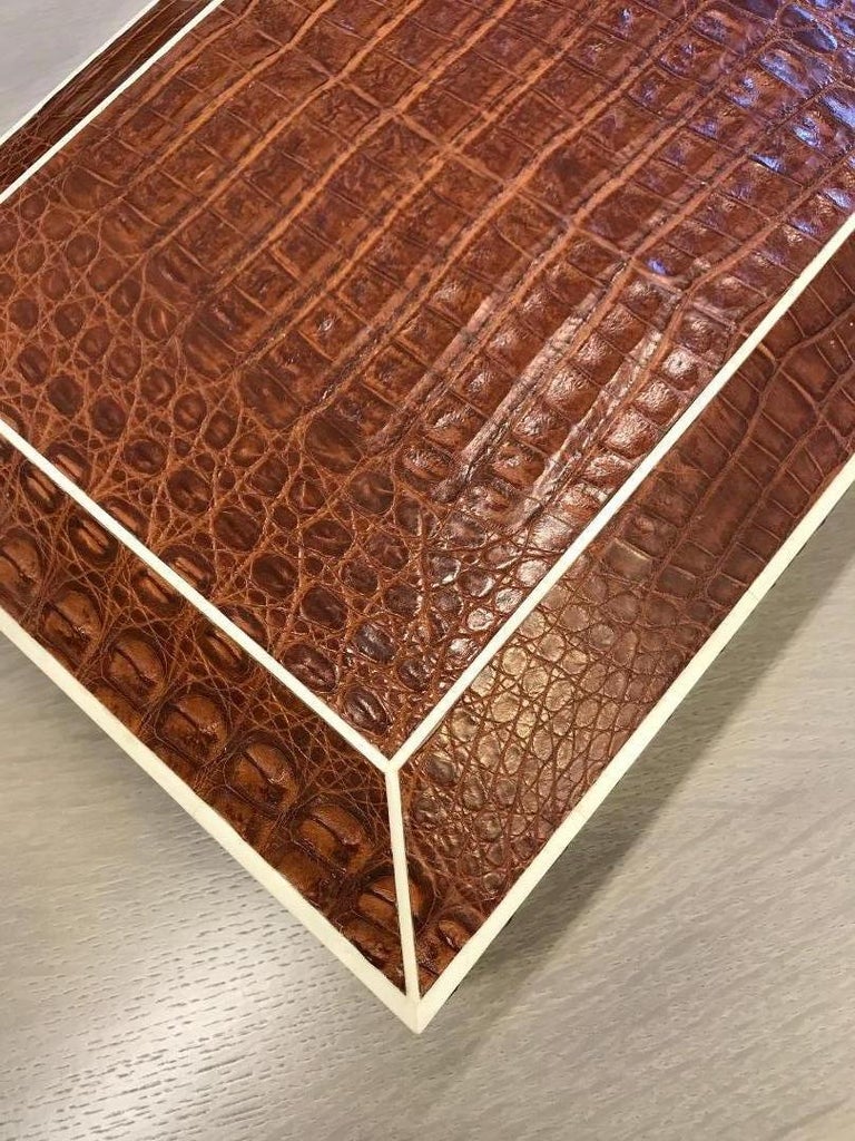 Beautiful Large Brown Crocodile Box with Bone Inlay For Sale at 1stDibs