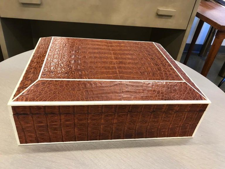 Beautiful Large Brown Crocodile Box with Bone Inlay For Sale at 1stDibs