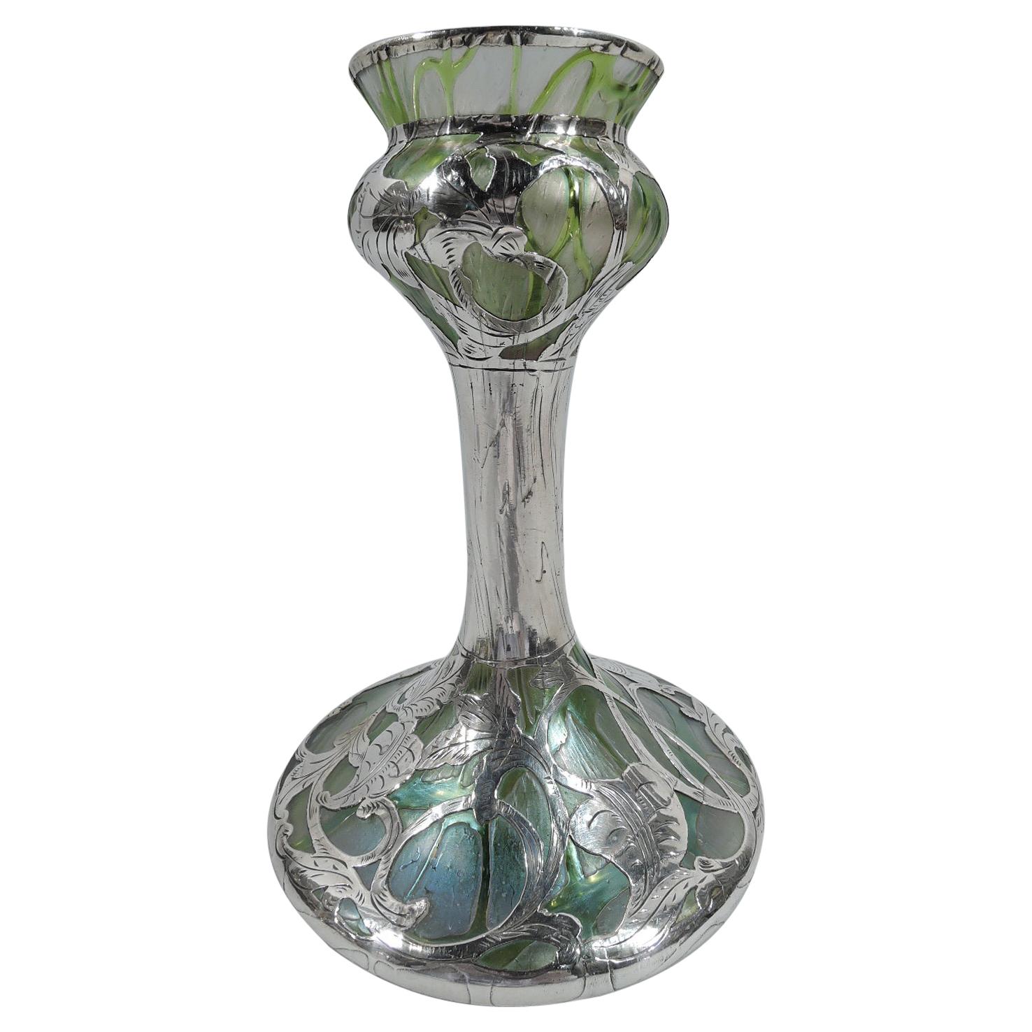 Loetz Iridescent Glass and Silver Overlay Vase with Dramatic Blooms For ...