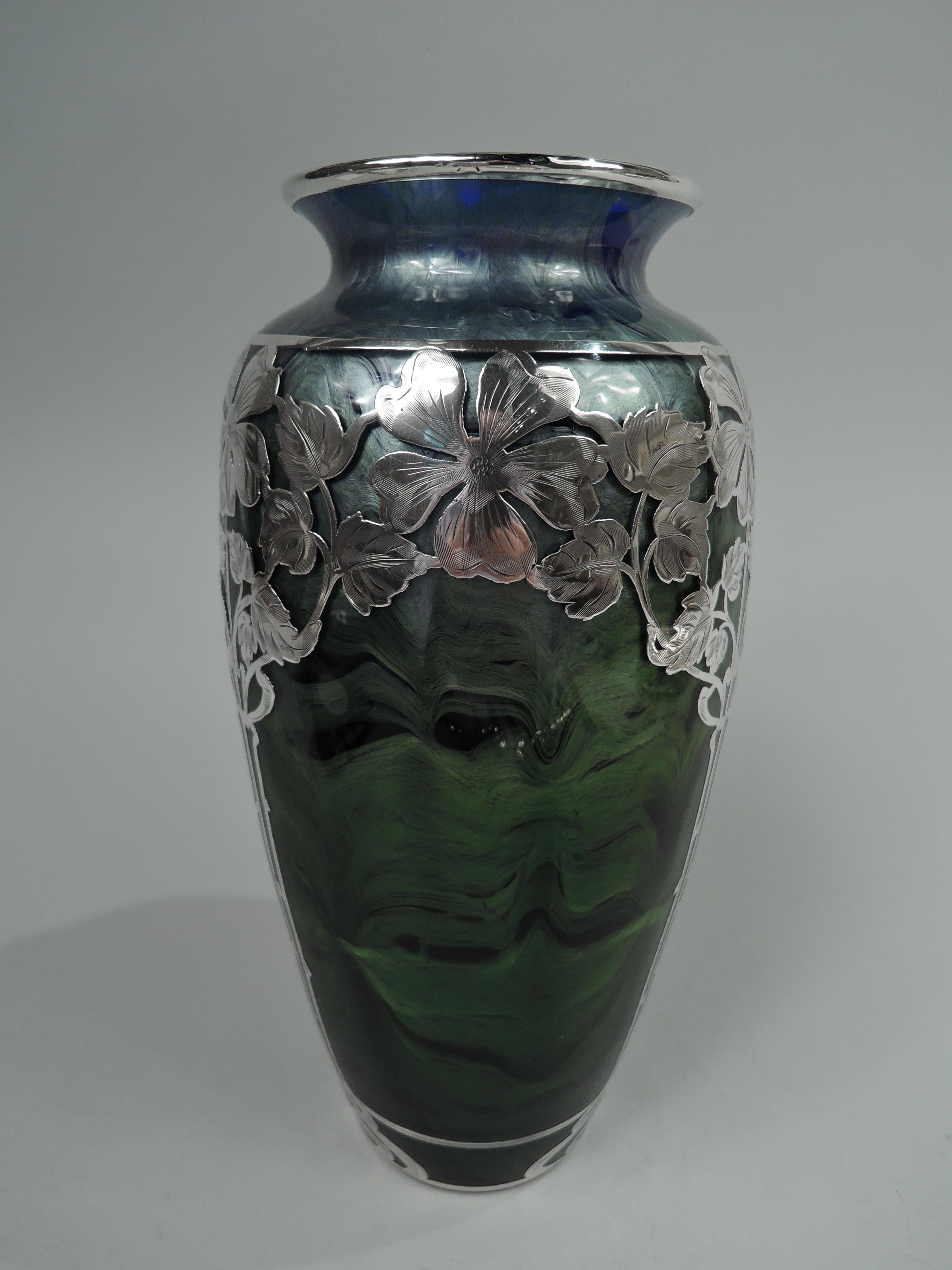 Beautiful Loetz Titania Art Nouveau Vase with Floral Silver Overlay For ...