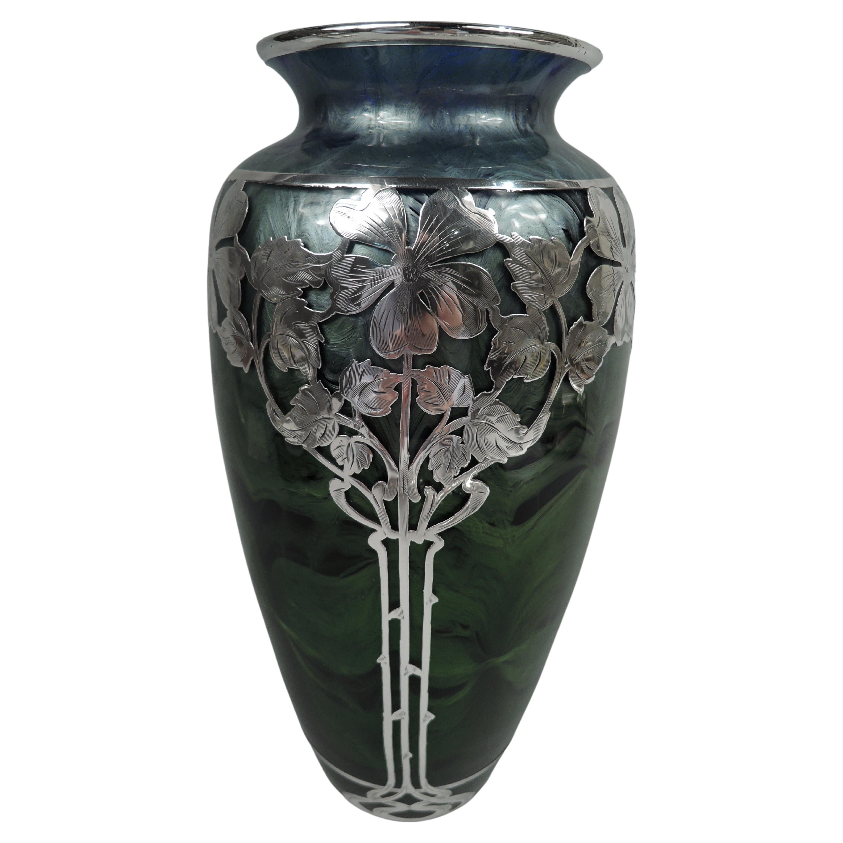 Beautiful Loetz Titania Art Nouveau Vase with Floral Silver Overlay For ...