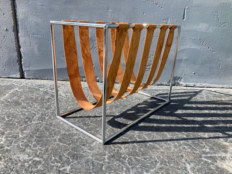 Beautiful Magazine Rack, Cognac Saddle Leather, Chrome For Sale at 1stDibs