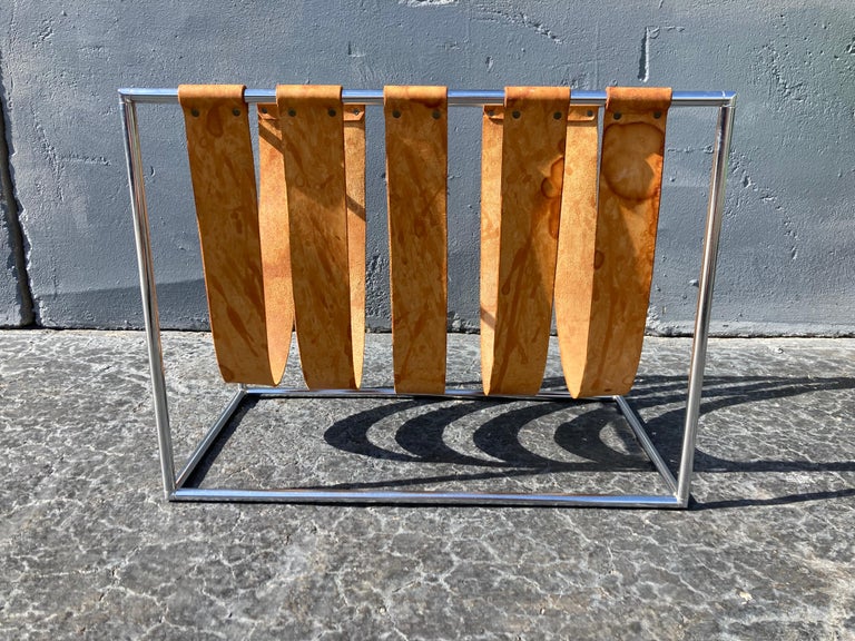 Beautiful Magazine Rack, Cognac Saddle Leather, Chrome For Sale at 1stDibs