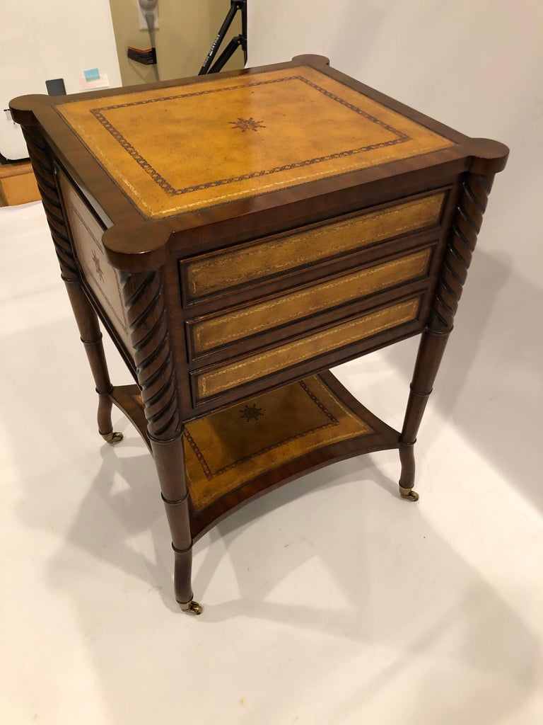 Beautiful Maitland Smith 3 Drawer Leather and Mahogany Side Table or ...