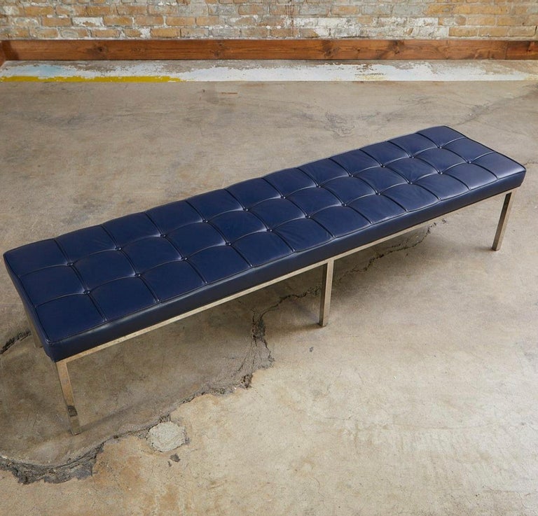 Beautiful Mid-Century Navy Leather Bench Chrome Frame Style of Florence ...