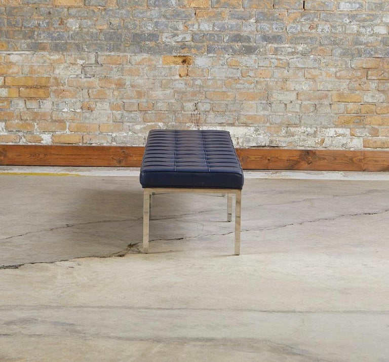 Beautiful Mid-Century Navy Leather Bench Chrome Frame Style of Florence ...