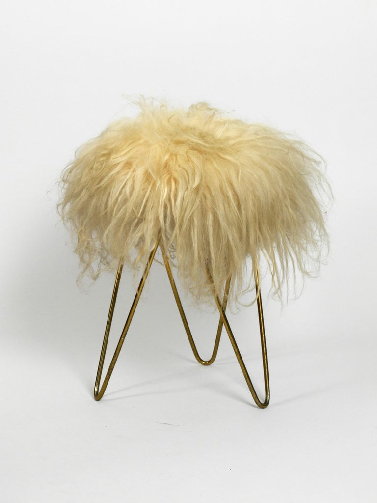 Beautiful Midcentury White Tripod Flokati Stool with Goat Hair Cover at ...