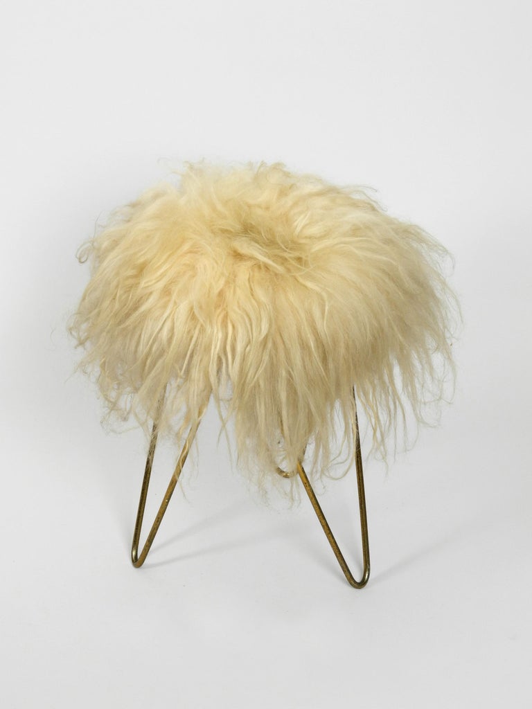 Beautiful Midcentury White Tripod Flokati Stool with Goat Hair Cover at ...