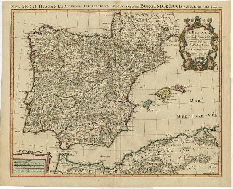 Beautiful Old Map of Spain and Portugal With Decorative Title Cartouche ...