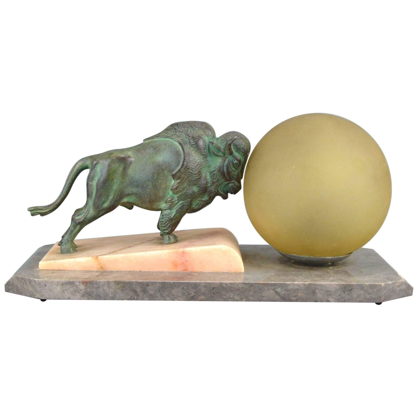Beautiful Original Art Deco Lamp Representing a Bison Pushing a Ball ...