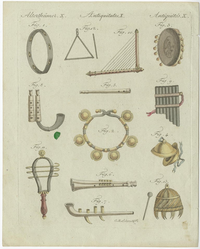 Beautiful Original Hand-Colored Antique Print of Music Instruments, c ...