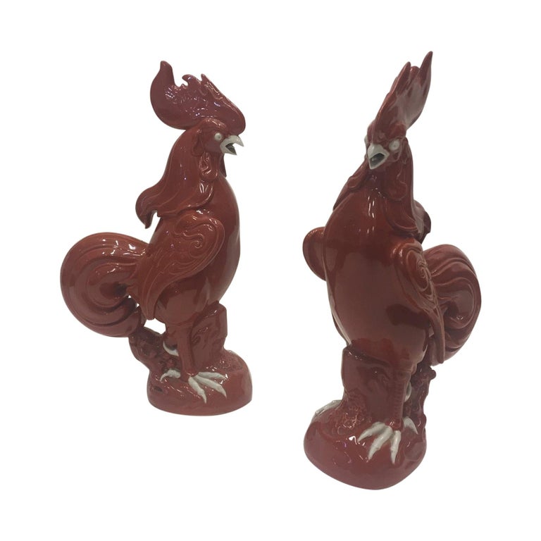 Beautiful Pair of Chinese Brick Red Porcelain Roosters For Sale at 1stDibs