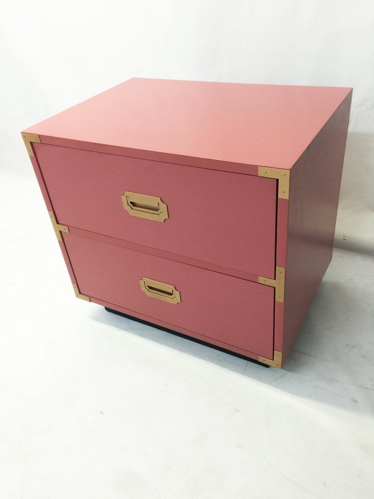 Beautiful Pair of Pink Lacquered Campaign Style Nightstands at 1stDibs